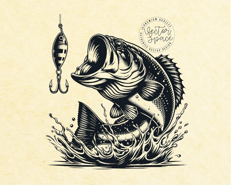Bass Fishing SVG, Jumping Fish Clipart, Fishing Lure Vector Engraving ...