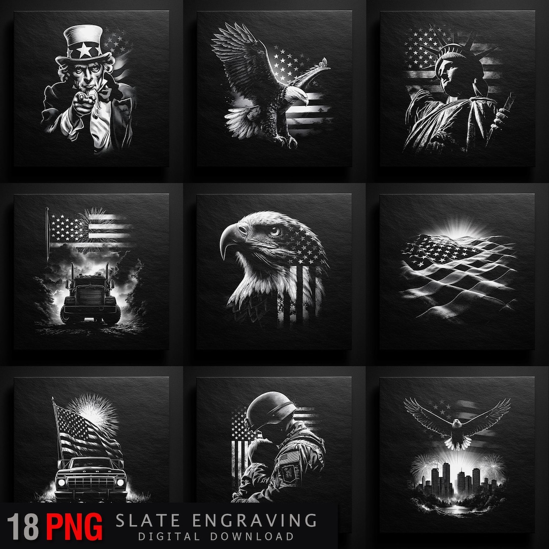 Patriotic Engraving Bundle: American Flag, Bald Eagle, Statue of ...