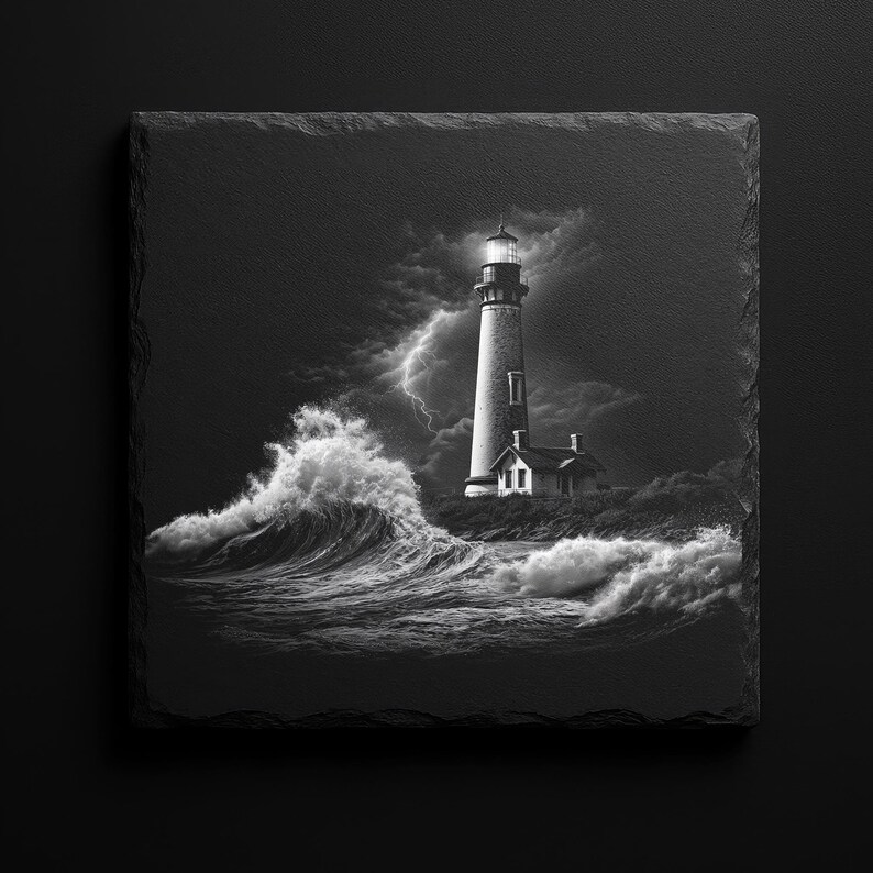 Lighthouse Slate Engraving PNG Bundle: Stormy Coastal Scene (digital ...
