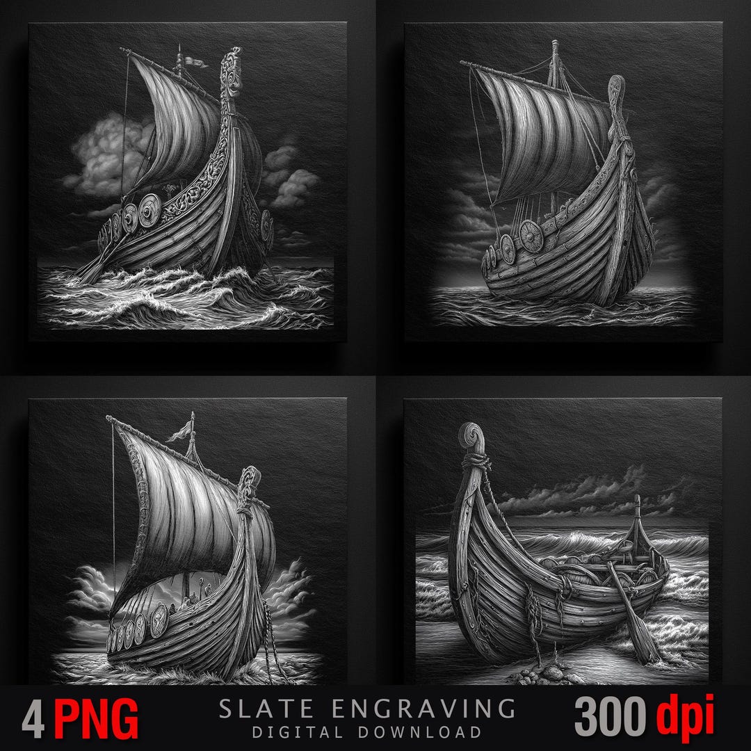 Viking Longship Slate Engraving Art: Norse Mythology Clipart (digital ...