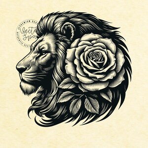 Lion Head and Rose Vector Illustration, Lion Flower Rose SVG, Lion ...