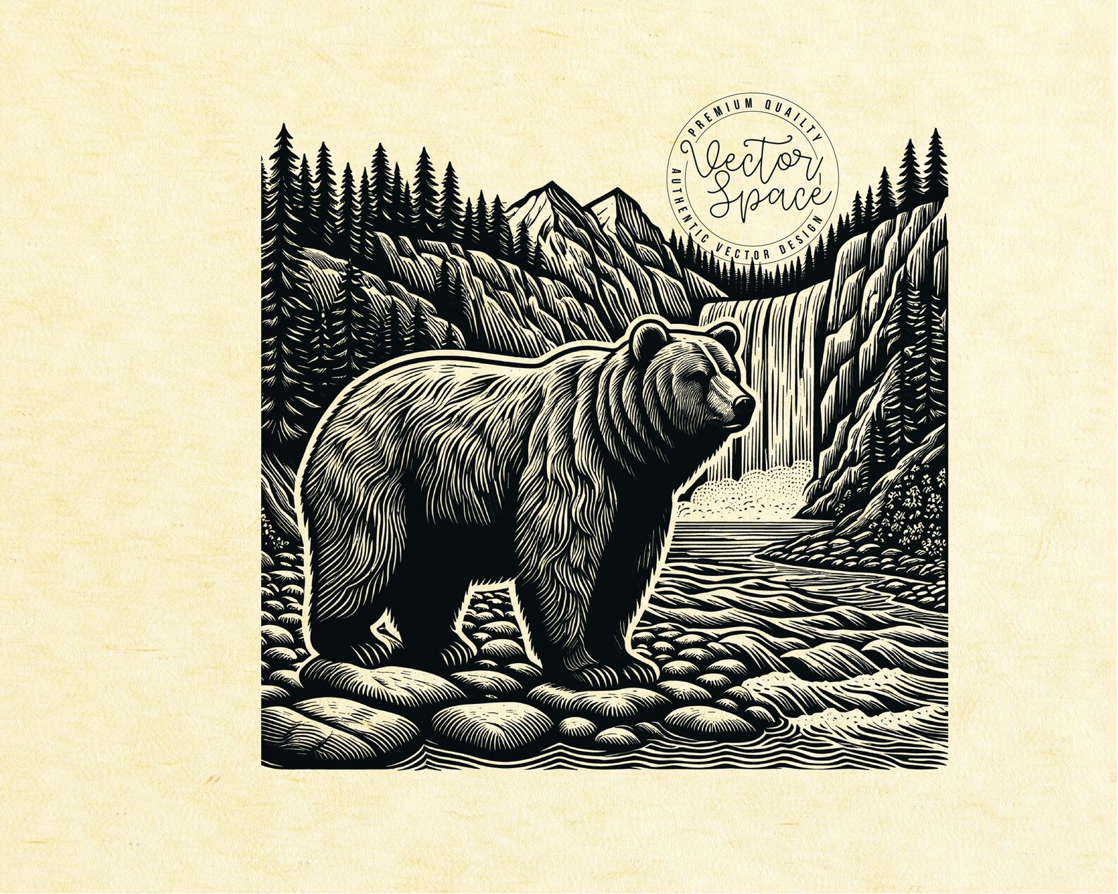 Bear Illustration Vector, Waterfall Bear SVG, Mountain Bear, Bear Head ...