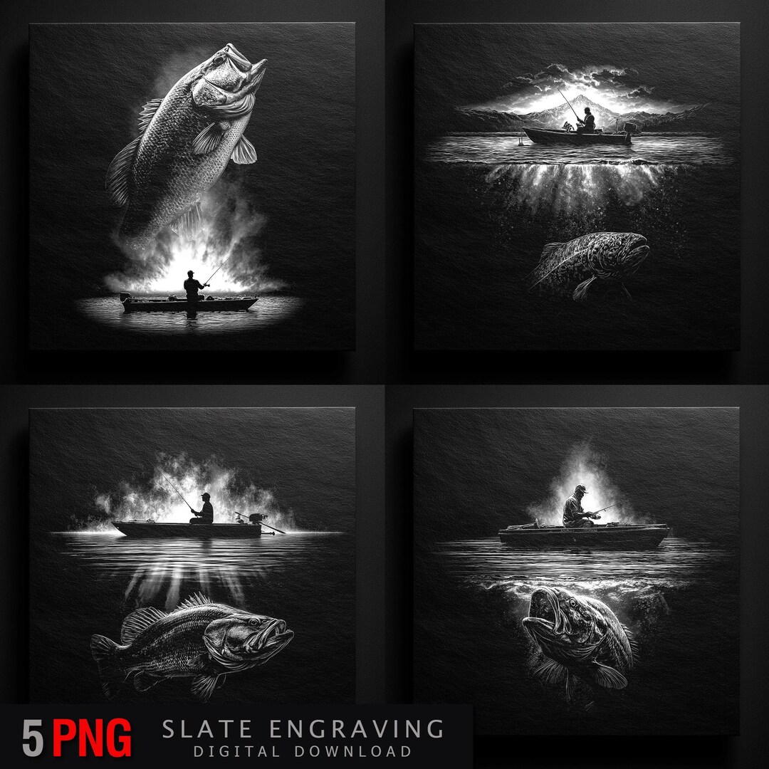 Fishing Engraving PNG Bundle: Bass Boat Scene, Angler Art (digital ...