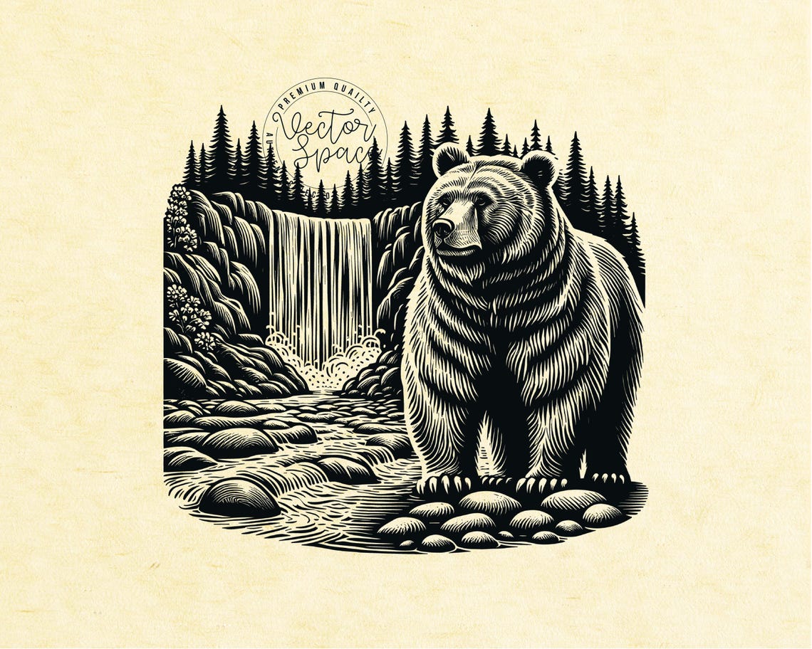 Bear Illustration Vector, Waterfall Bear SVG, Mountain Bear, Bear Head ...