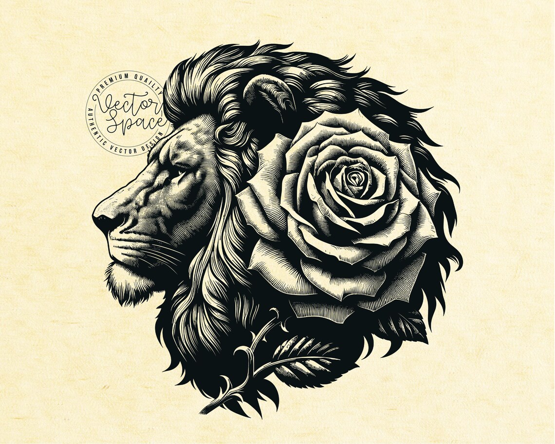 Lion Head and Rose Vector Illustration, Lion Flower Rose SVG, Lion ...