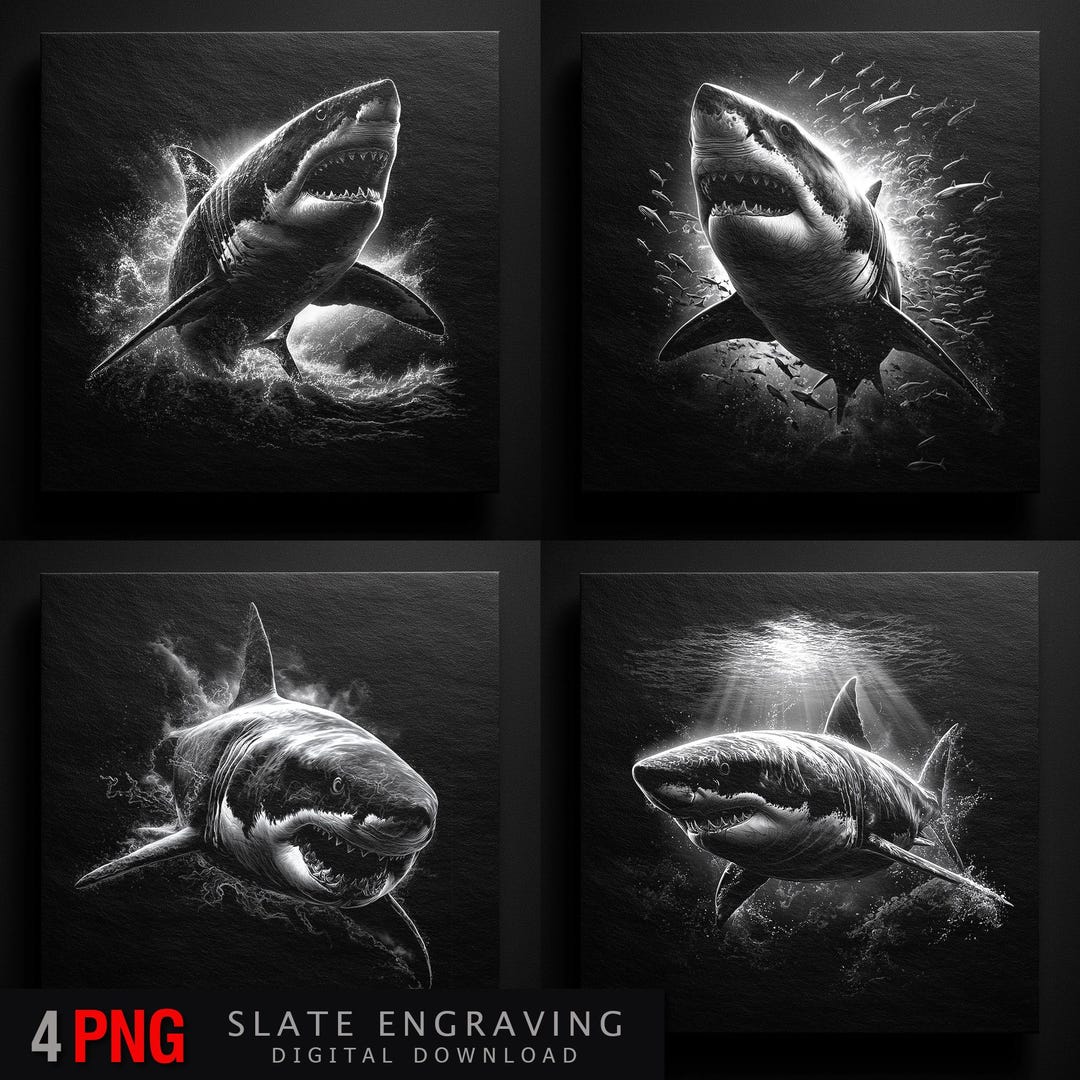 Shark Laser Engraving Art: High Contrast Ocean Predator PNG (digital ...