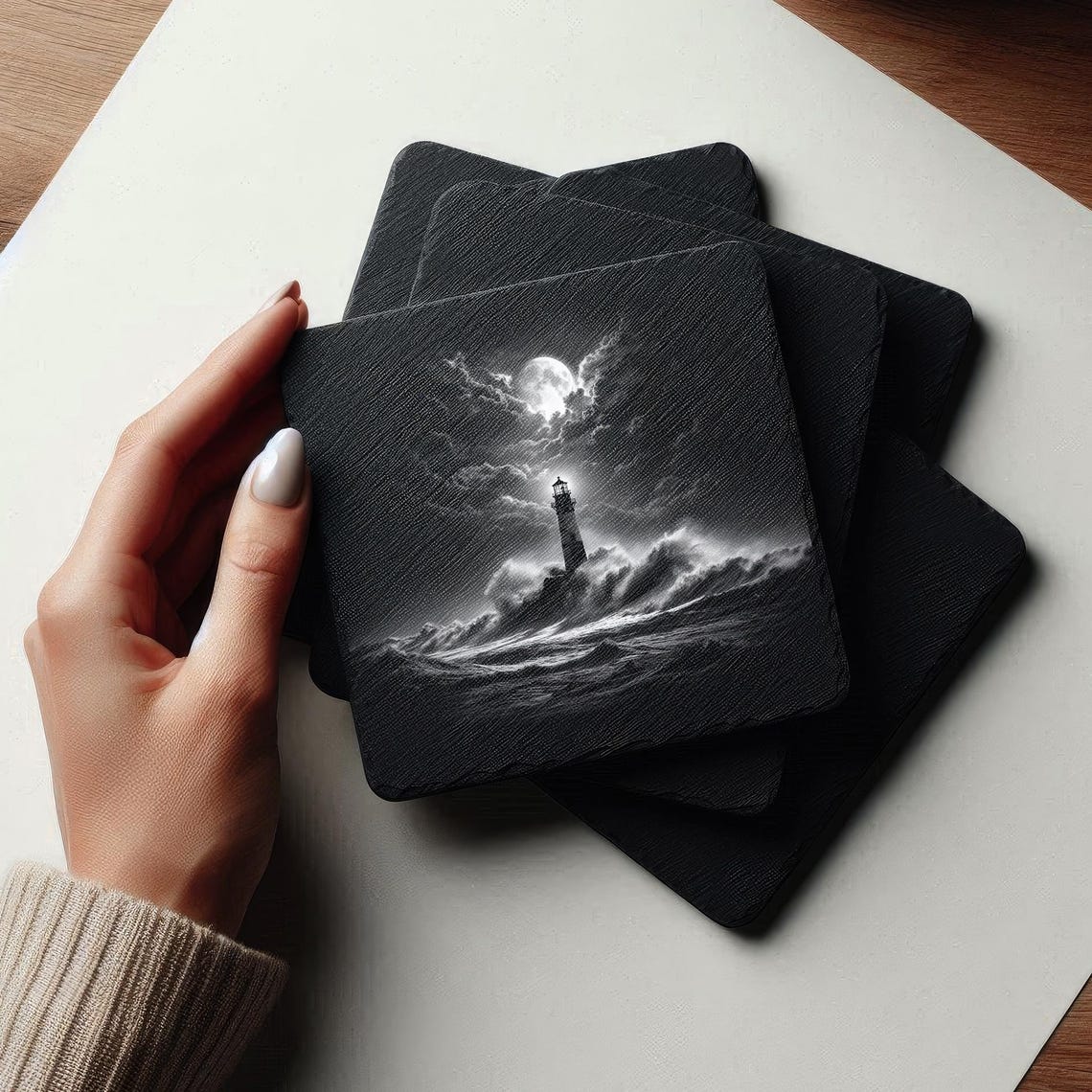 Lighthouse Slate Engraving PNG Bundle: Stormy Coastal Scene (digital ...