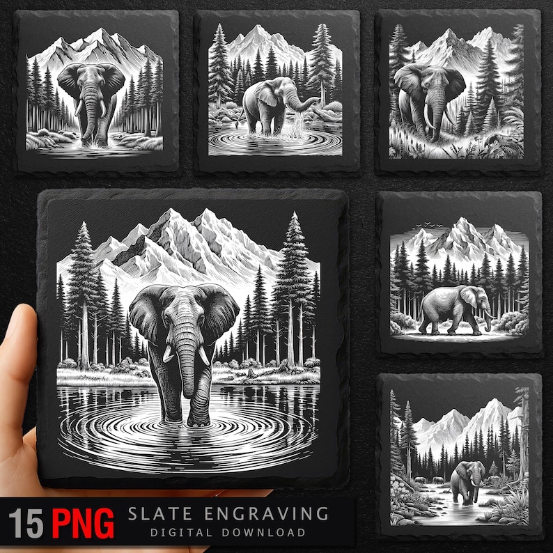 Elephant Slate Engraving PNG Bundle: Mountain Forest Scene (digital ...