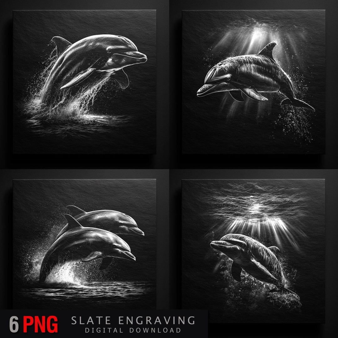 Dolphin Slate Engraving Art: Ocean Wildlife Clipart (digital Download ...