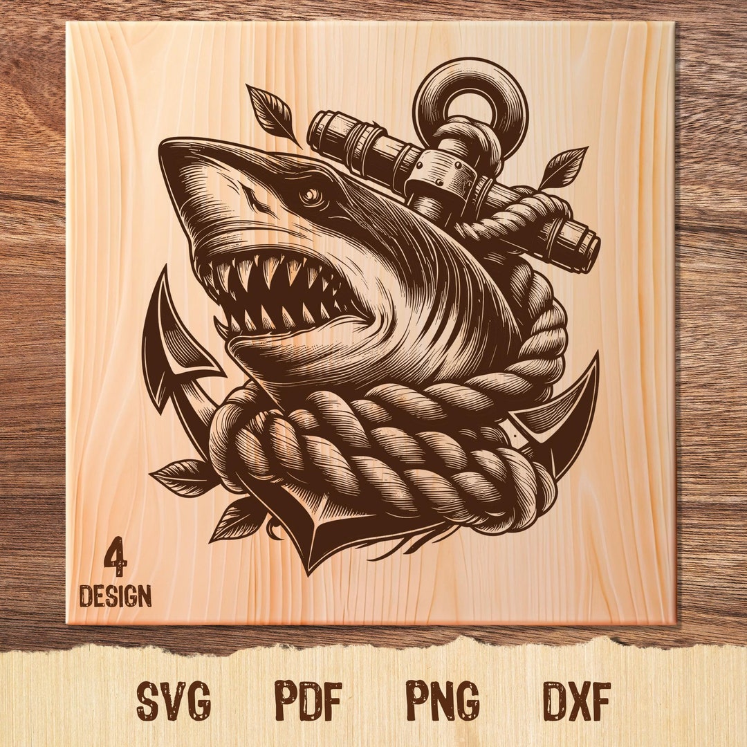 Shark Ancor Illustration Vector, Nautical Marine SVG, Shark Rope Anchor ...