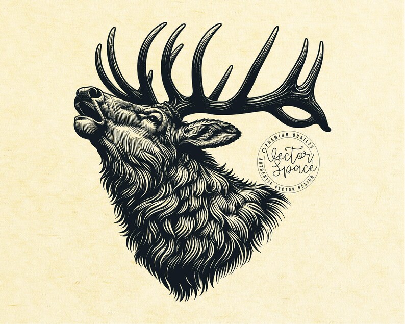 Elk Head Illustration Vector, Elk Bugling, Elk Bugle SVG, Detailed Elk ...