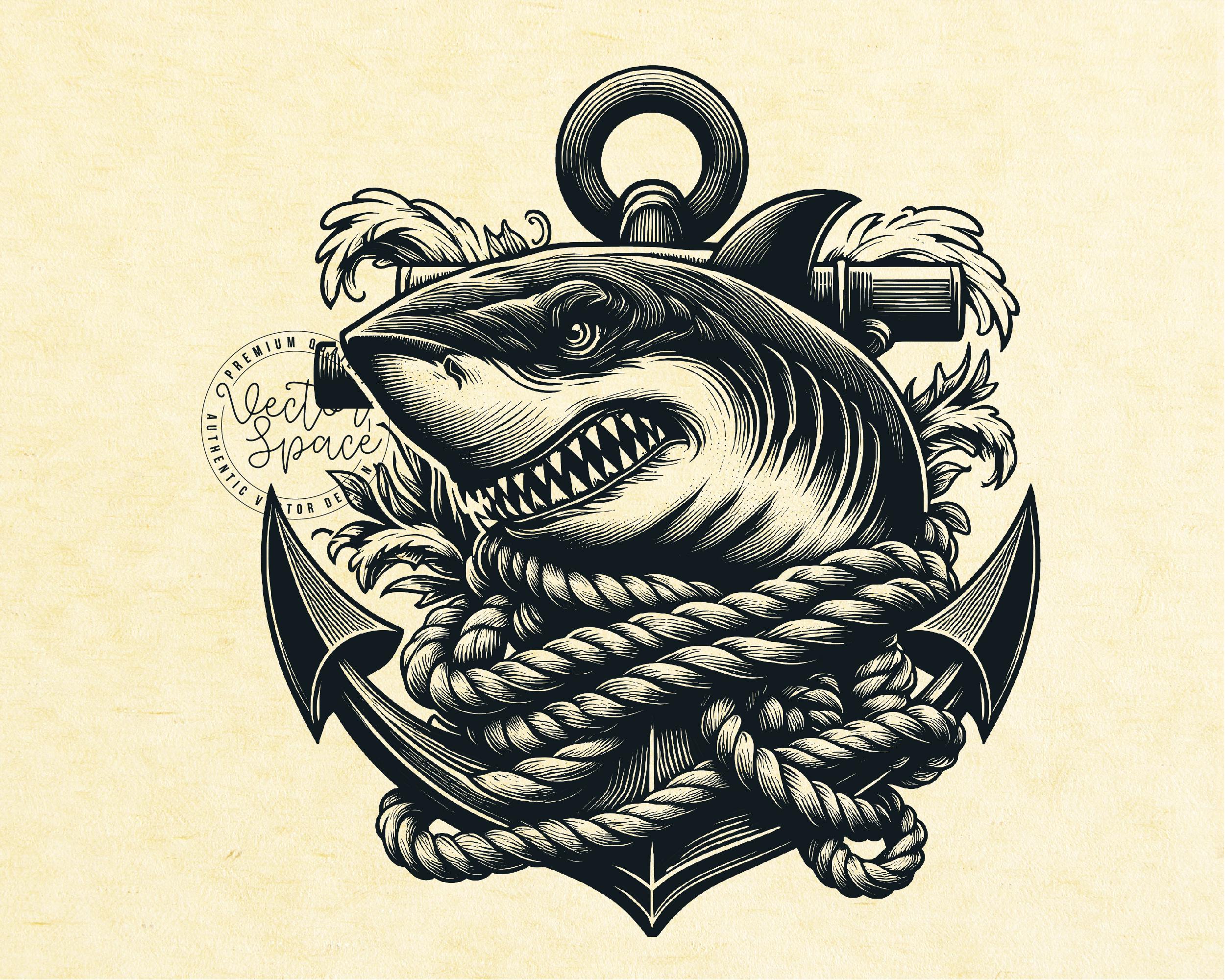 Shark Ancor Illustration Vector, Nautical Marine SVG, Shark Rope Anchor ...