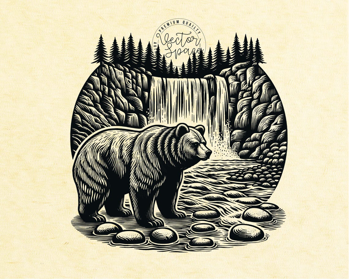 Bear Illustration Vector, Waterfall Bear SVG, Mountain Bear, Bear Head ...