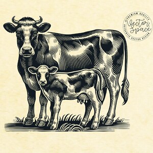 Cow and Calf Illustration Vector SVG, Cow and Calf SVG, Mother Cow ...