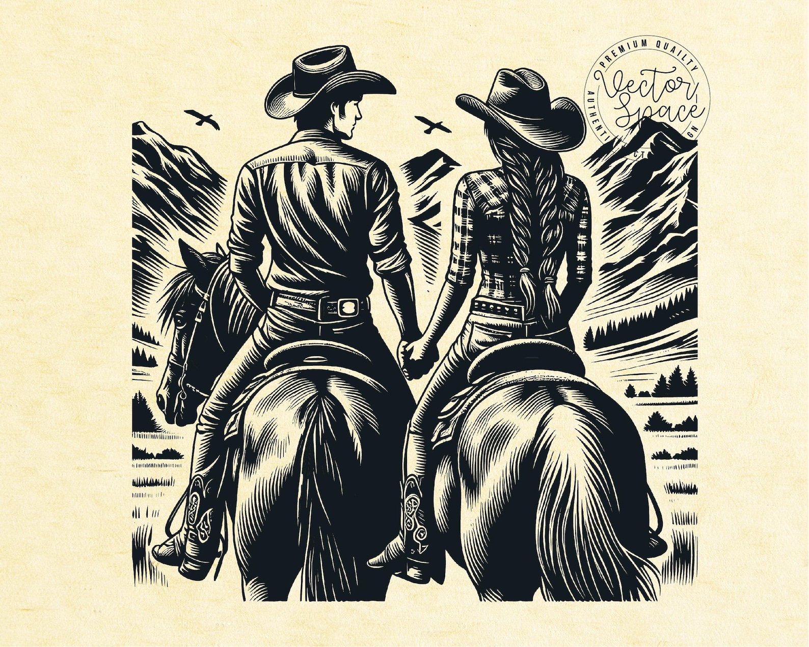 Cowboy and Cowgirl Riding Horse , Western Cowboy Illustration Vector ...