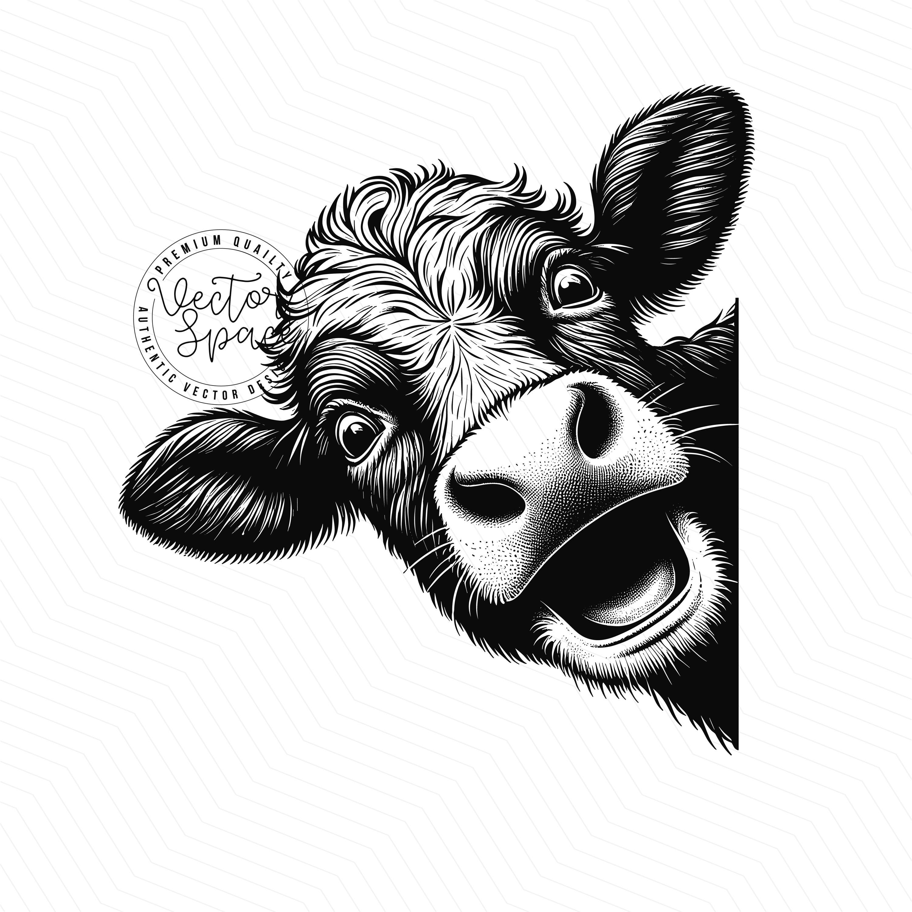 Peeking Cow SVG, Funny Cow Face SVG Bundle - Black and White Line Art ...