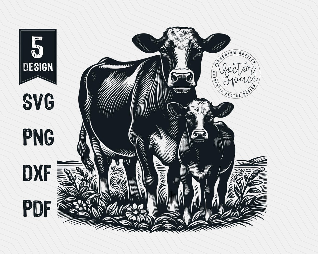 Cow and Calf Illustration Vector SVG, Cow and Calf SVG, Mother Cow ...