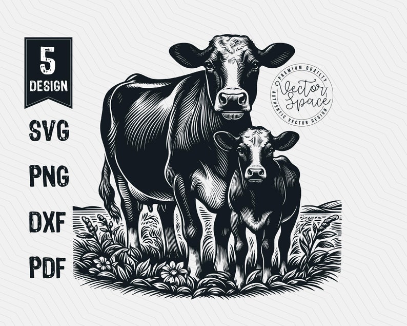 Cow and Calf Illustration Vector SVG, Cow and Calf SVG, Mother Cow ...
