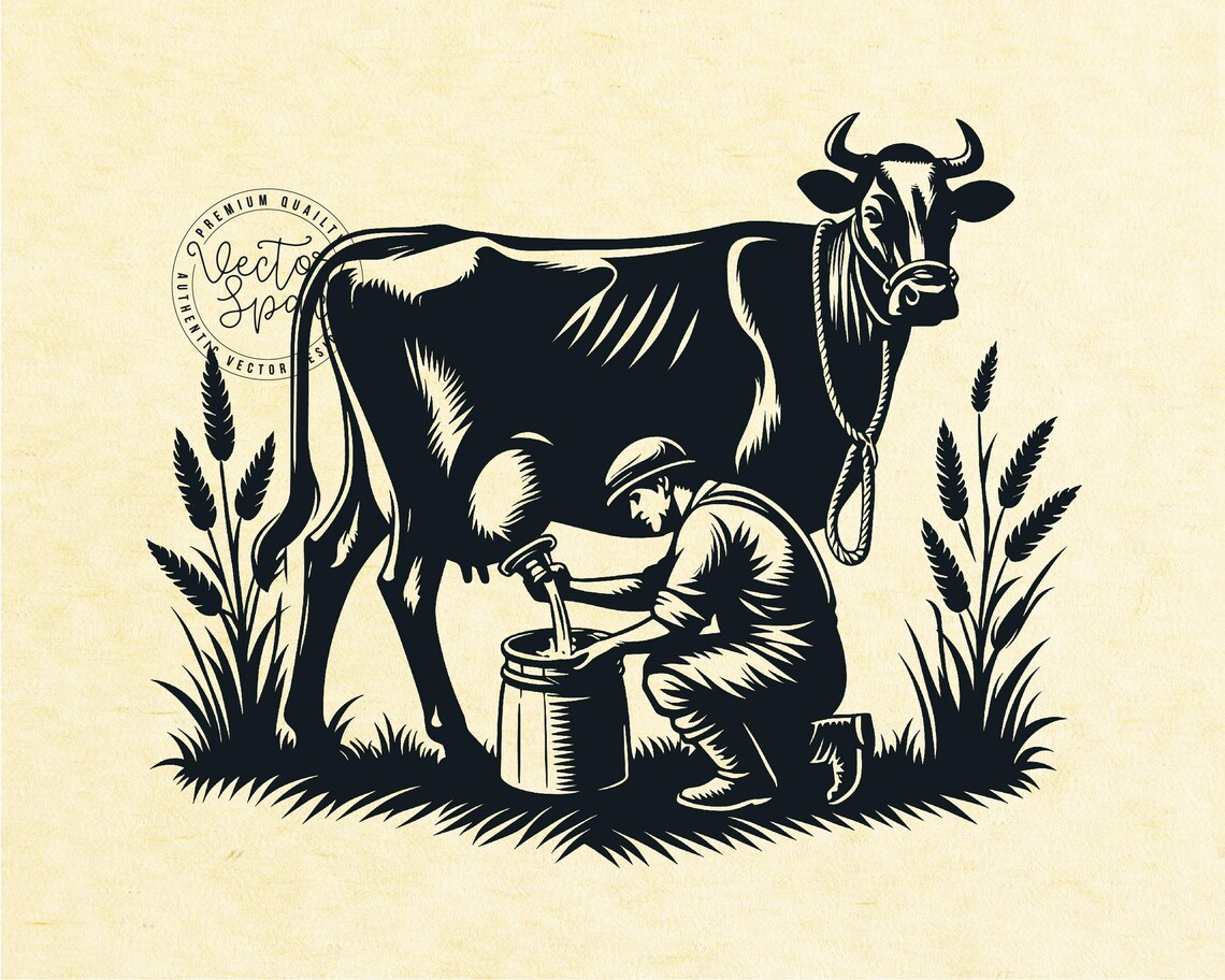 Milking Cow Illustration Vector, Farm Fresh Milk SVG, Farm Life Svg ...