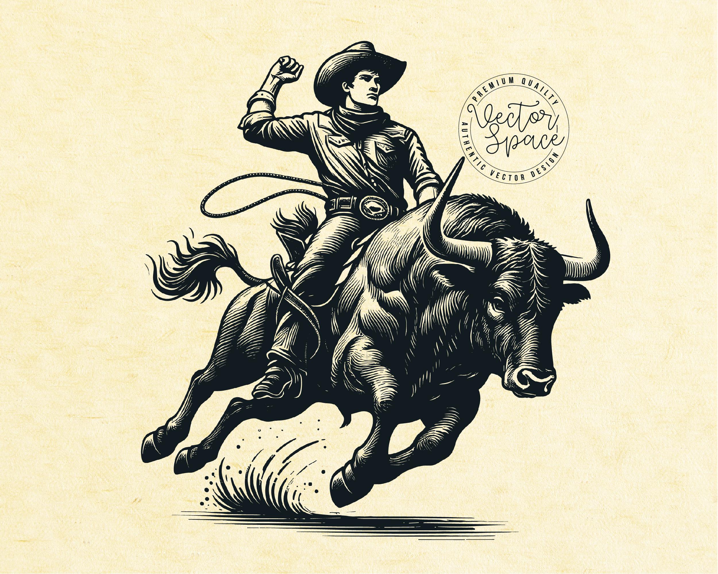 Cowboy Bull Riding Illustration Vector, Bucking Bull Rodeo, Bull Riding ...