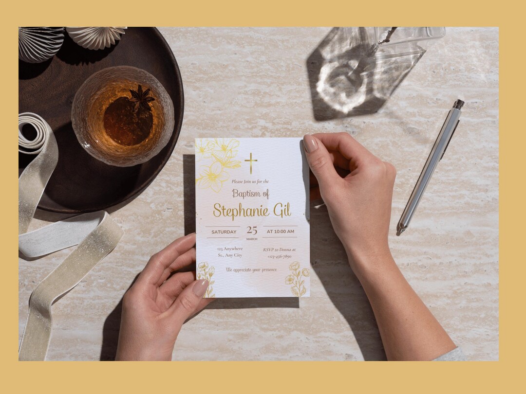 Editable Gold Yellow Baptism Invite Christening Card - Etsy