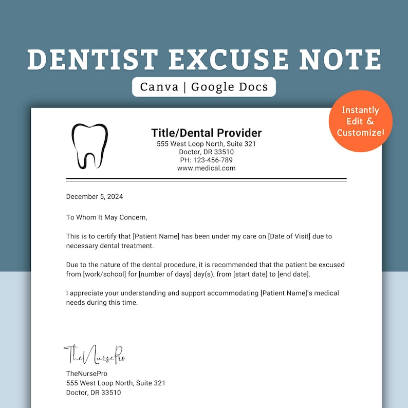 Dentist Excuse Note Template, Excuse Note Template, Dentist Excuse ...