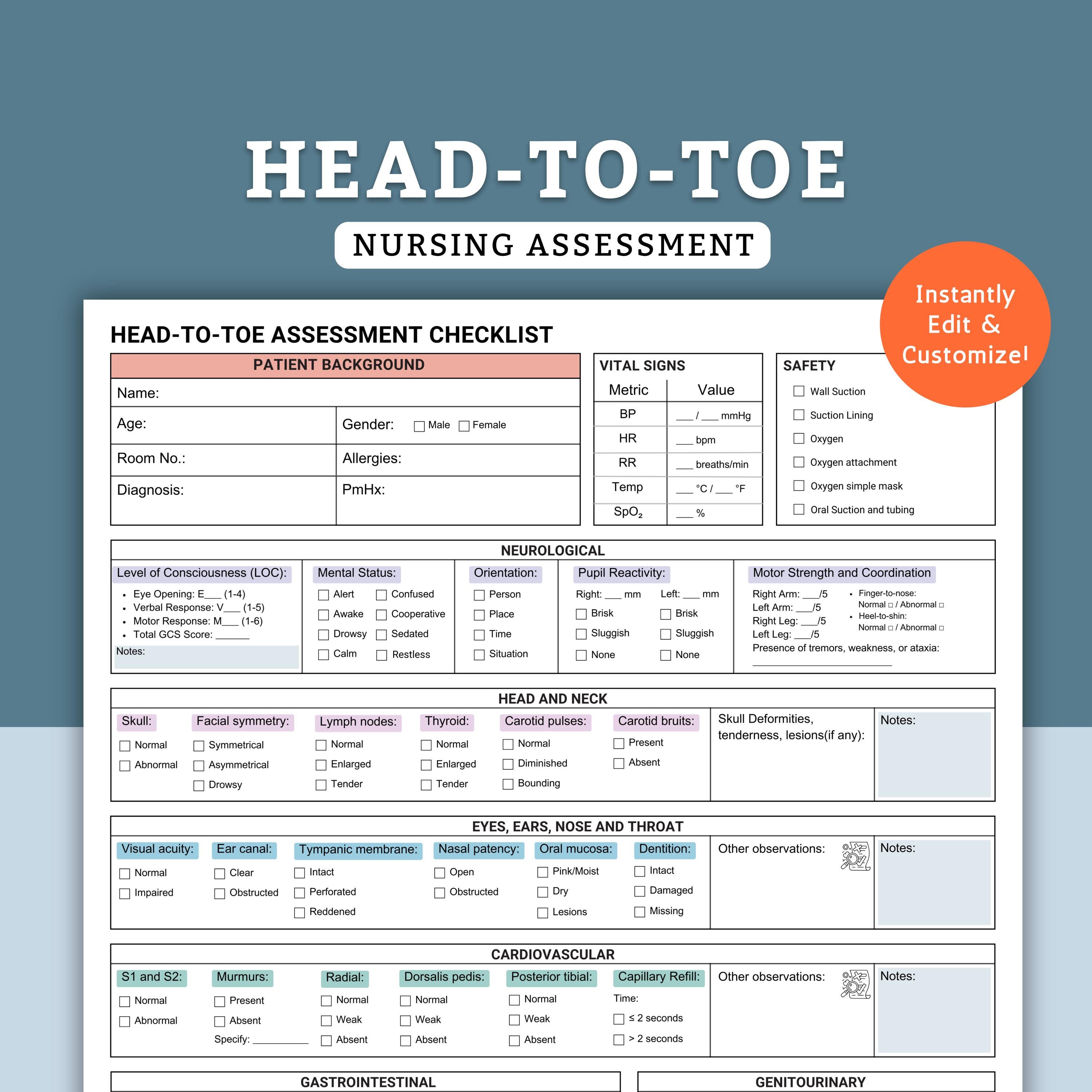 Head to Toe Assessment, Nursing Template, Nursing Assessment, Assessment Sheet, Physical ...