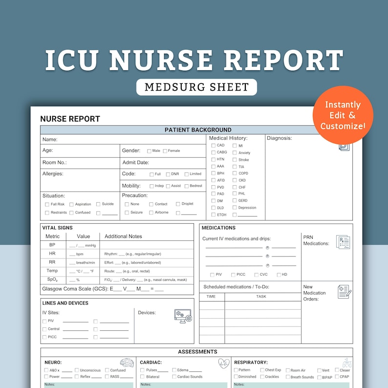 Editable Nursing Report Sheet, ICU Nurse Report Sheet, Nurse Brain, ICU ...
