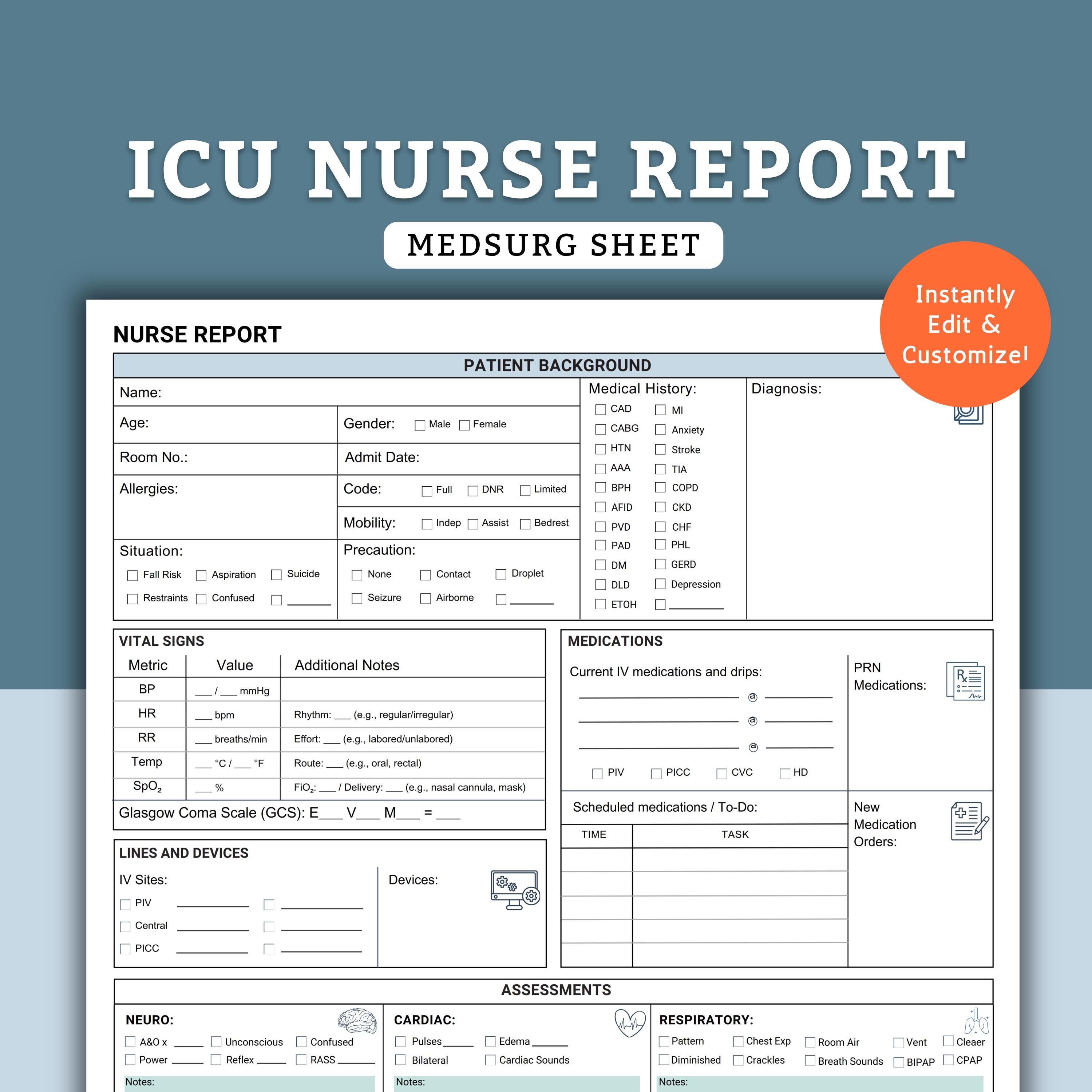 Editable Nursing Report Sheet, ICU Nurse Report Sheet, Nurse Brain, ICU ...