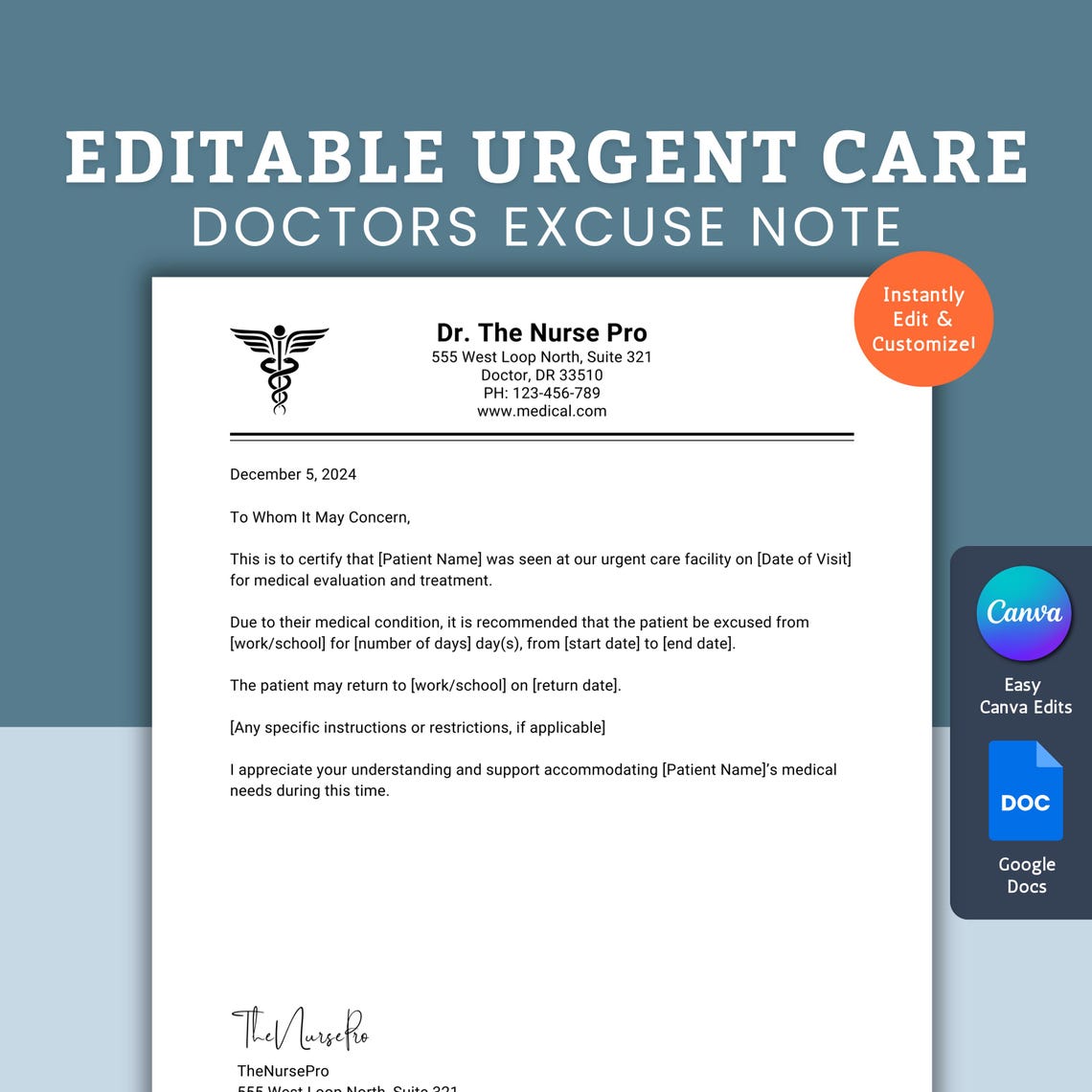 Editable Urgent Care Excuse Note, Medical Excuse Note, Excuse Letter ...