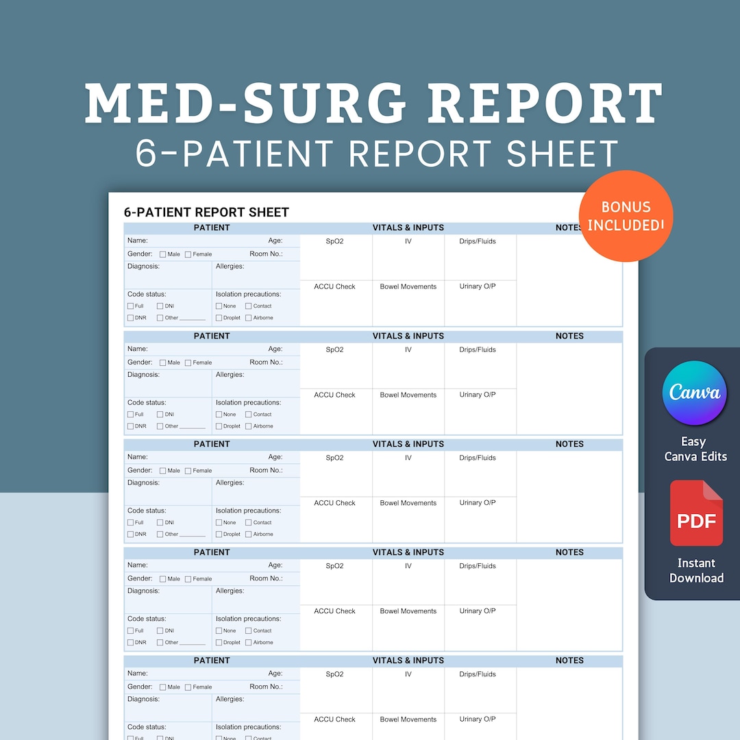 Medsurg Nurse, Med Surg Report Sheet, Nursing Handoff, Multiple Patient ...
