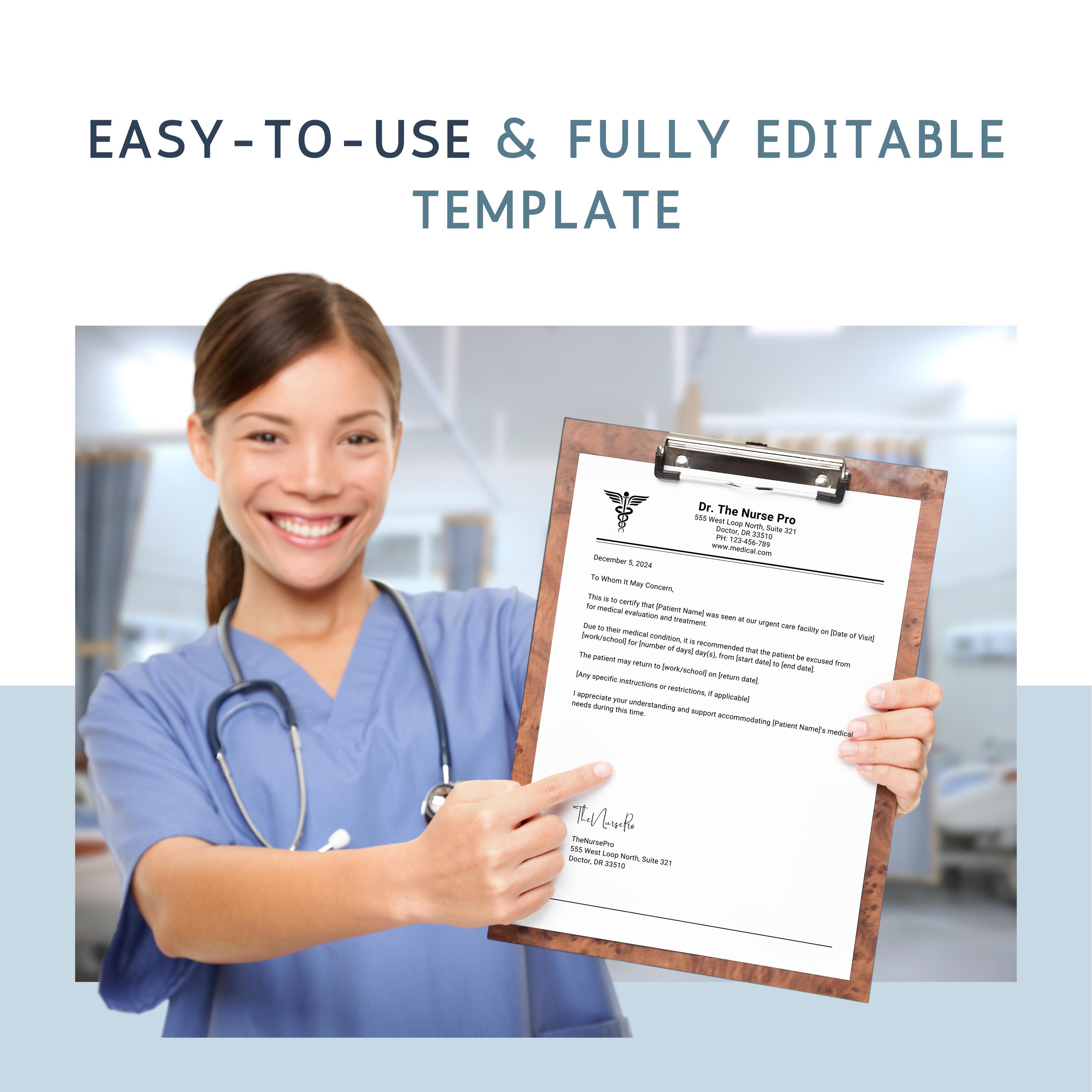 Editable Urgent Care Excuse Note, Medical Excuse Note, Excuse Letter ...