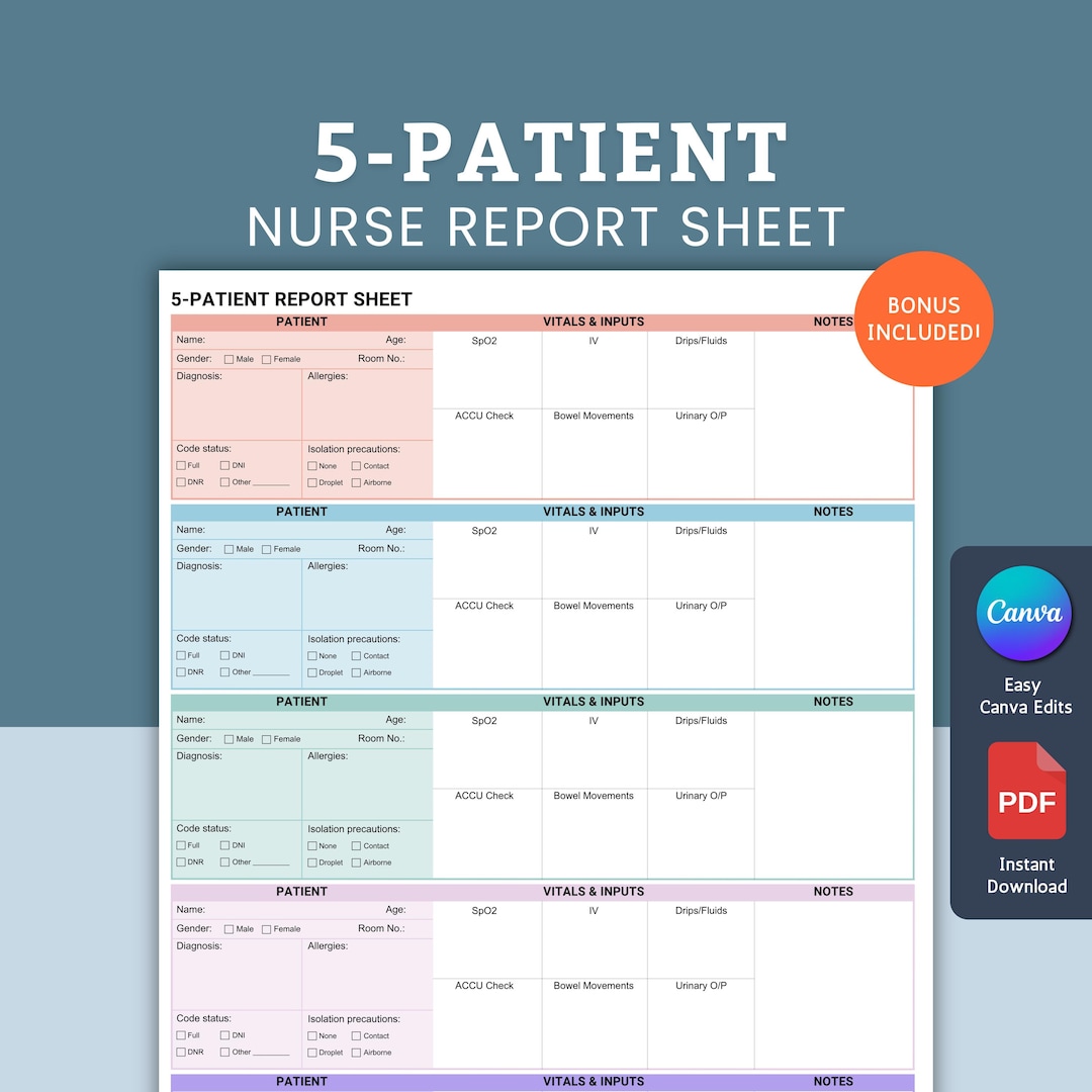5 Patient Nurse Report Sheet, Med Surg Report Sheet, Nursing Handoff ...