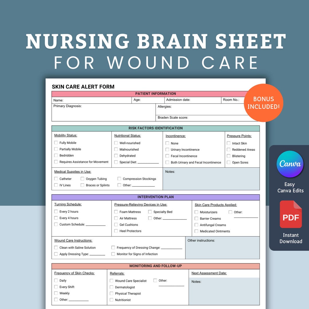 Nursing Brain Sheet for Wound Care, Wound Care Nursing, Skin Assessment ...