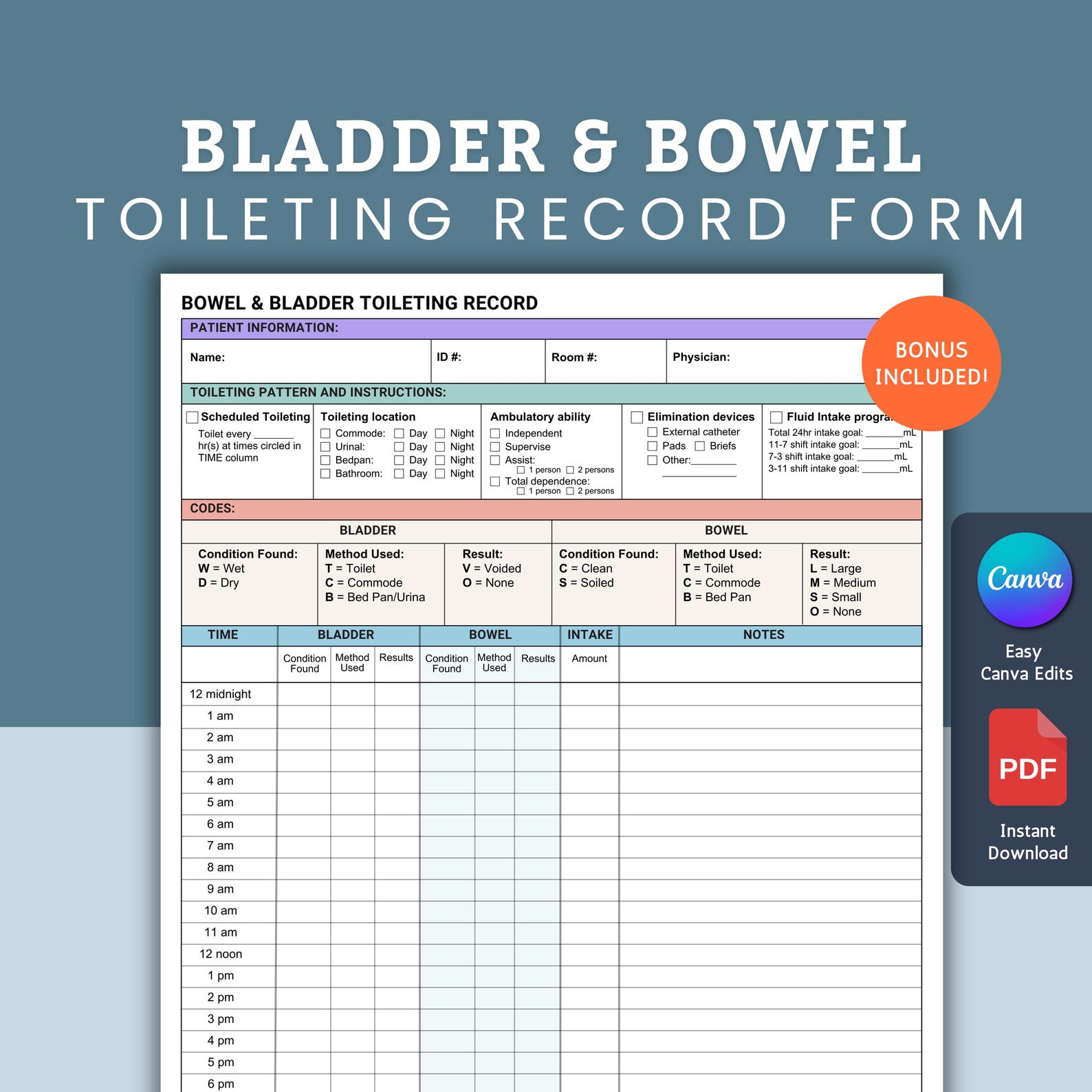 Bladder & Bowel Toileting Record Form, Bowel Symptoms Form, Bowel Form ...