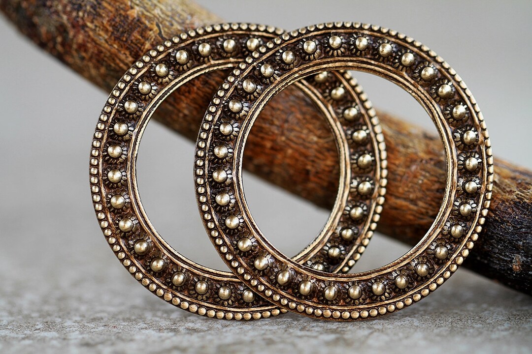 2 Large Beaded Ornament Hoops 37mm Antique Brass Plated Brass ...
