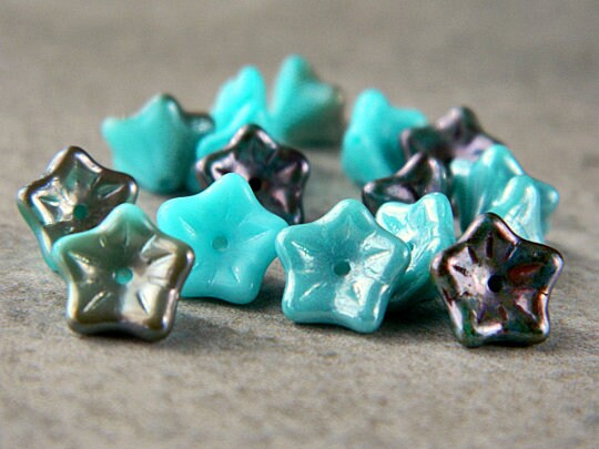 40 Blue Turquoise Glass Trumpet Flower Bead MIX 8x5mm Czech Glass Beads ...