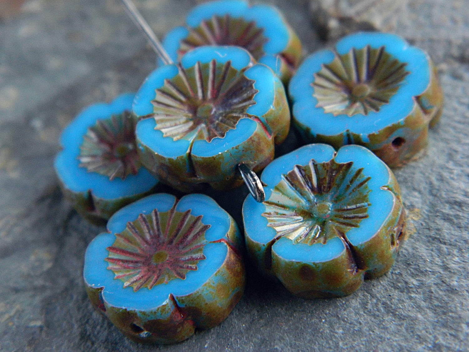 10 Rustic Picasso Azure Blue PANSY FLOWER Beads 14mm Czech - Etsy