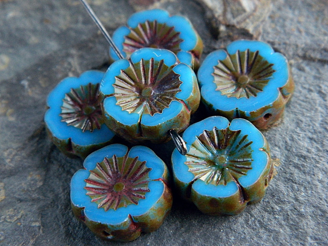 10 Rustic Picasso Azure Blue PANSY FLOWER Beads 14mm, Czech Glass Beads ...