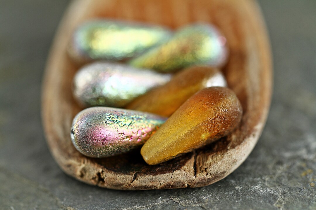 6 Matte Iridescent Topaz DROP Beads 20x9mm Czech Glass Beads for ...