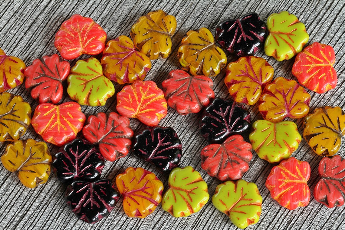 60 Autumn Maple Leaf Bead MIX 11x13mm Czech Glass Beads for Jewelry ...