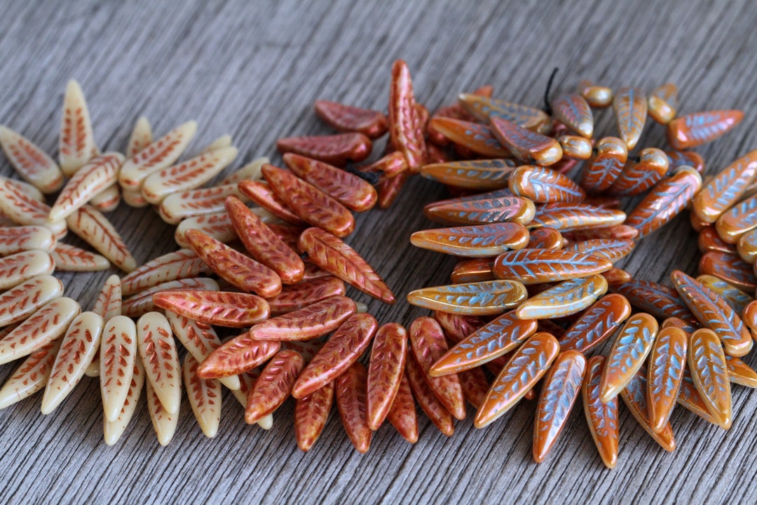 30 Copper FEATHER Bead MIX, 5x17mm, Czech Glass Beads for Jewelry ...