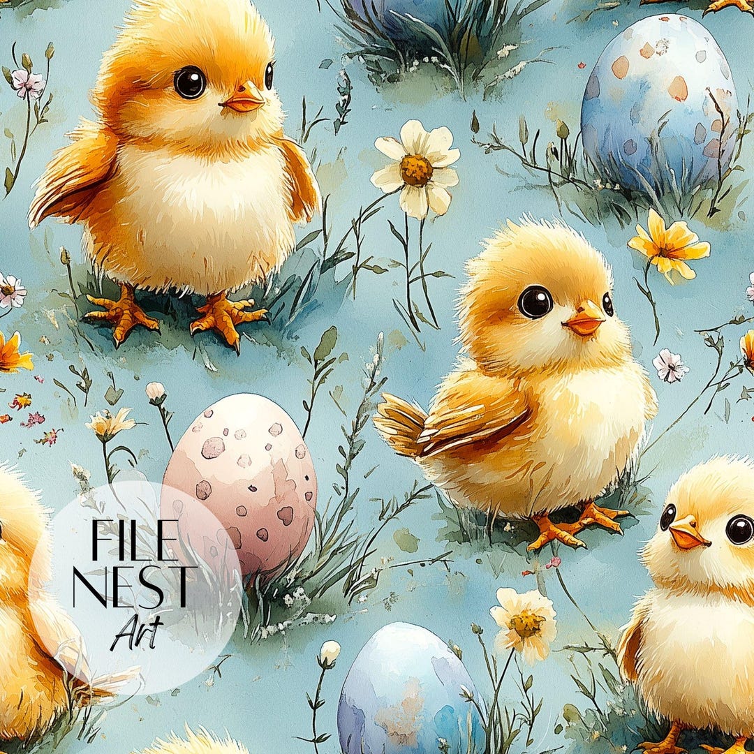 Cute Easter Chicks & Eggs Seamless Digital Pattern Repeat Print for ...