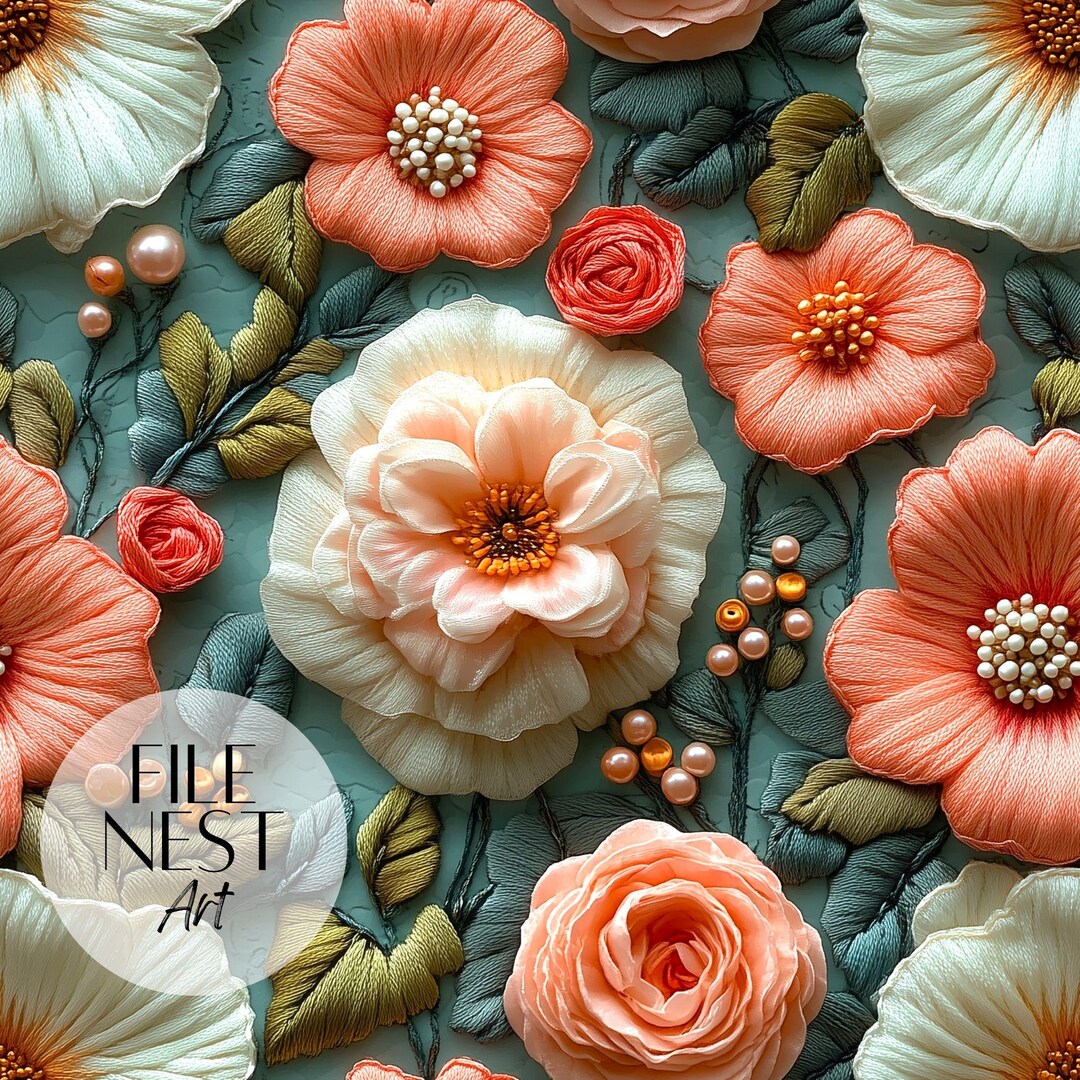 3D Floral Seamless Pattern Embroidery Effect Digital Paper Pink Fuchsia ...