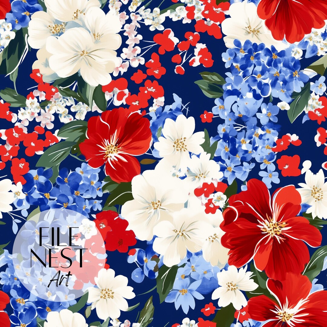 Red White Blue Floral Seamless Pattern: Patriotic Background (digital ...
