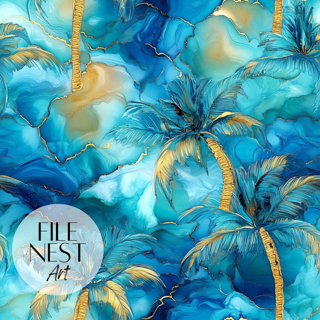 Alcohol Ink Palm Seamless Pattern: Turquoise Gold Coastal Print ...
