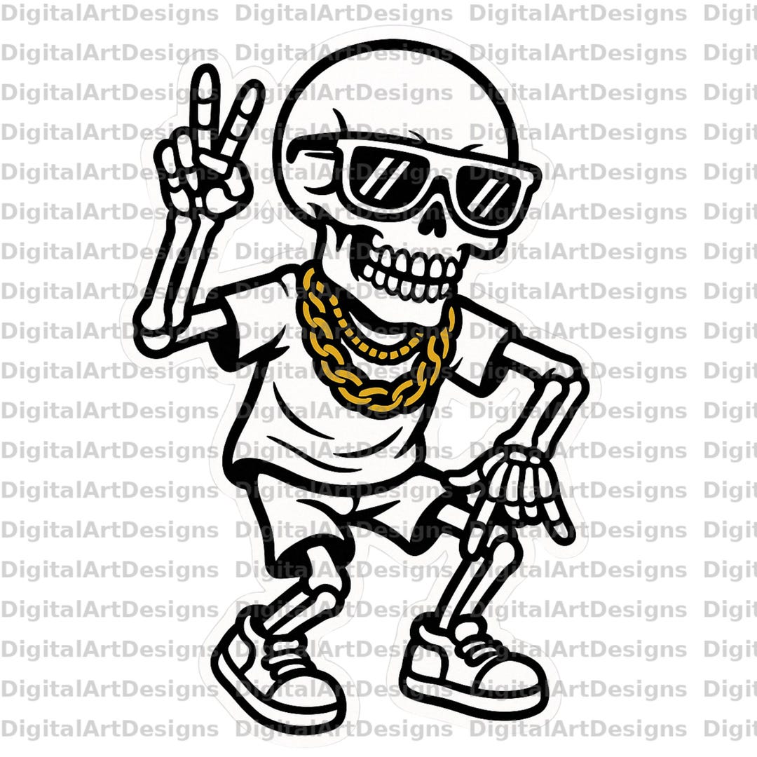 Hip Hop Skeleton .PNG Decal Cool Cartoon Skull With Sunglasses & Chains ...