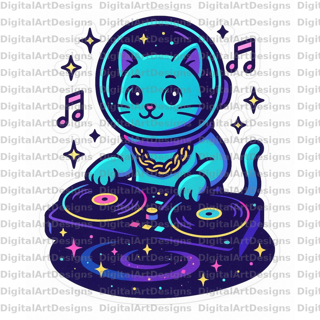 Cosmic DJ Cat .PNG Cute Astronaut Kitten With Neon Turntables Galaxy ...