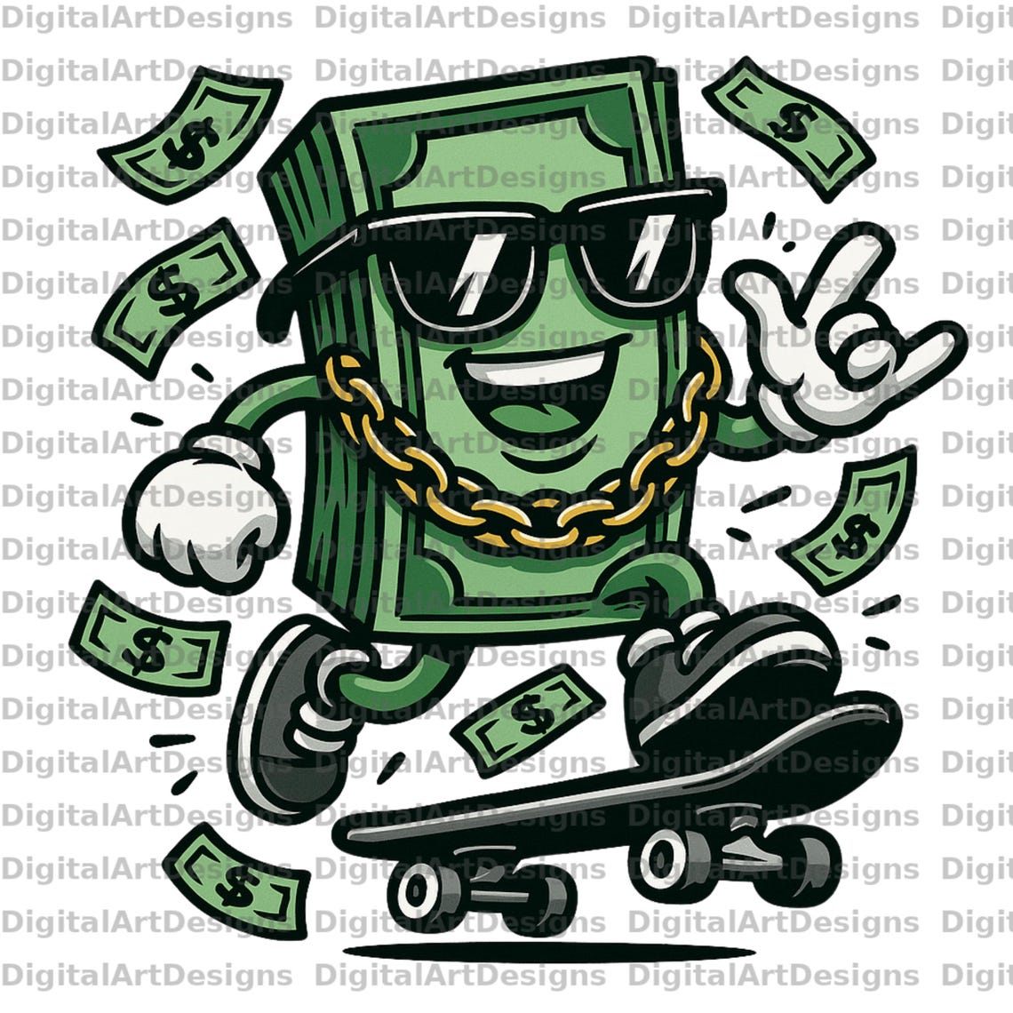 Cool Money Skateboarding Clipart 300 DPI .PNG – Dollar Bill Character ...