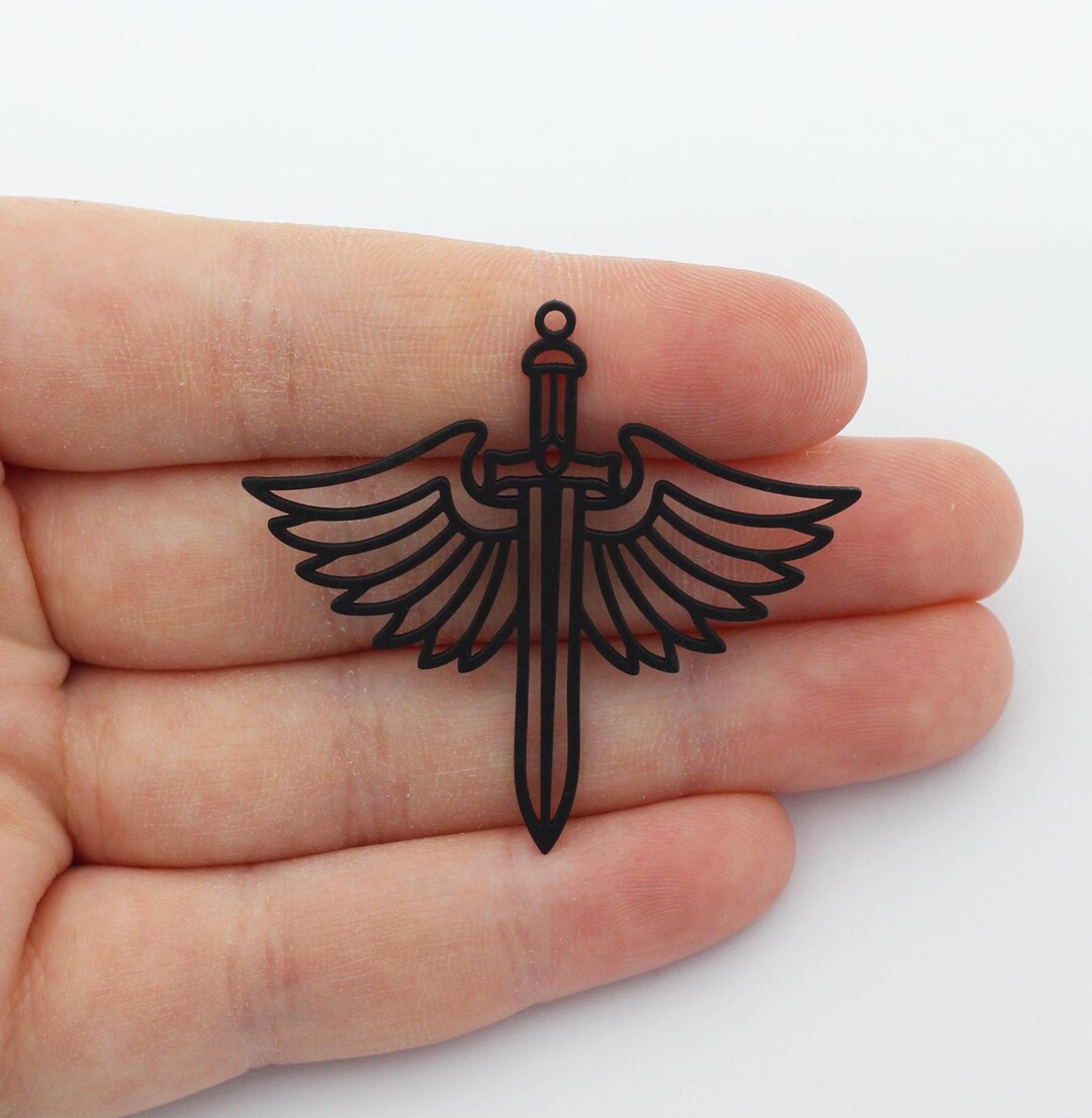 Angel Wing Sword Charm Necklace Pendant, Black Plated Sword Knife ...